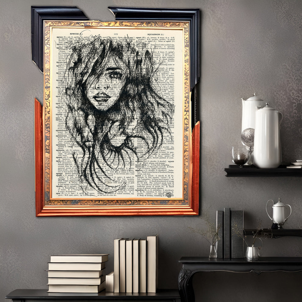 Melancholy - Original Ink Drawing Art on Dictionary Page – ArtCursor
