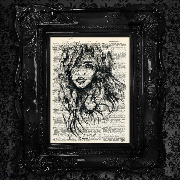 Melancholy - Original Ink Drawing Art on Dictionary Page – ArtCursor