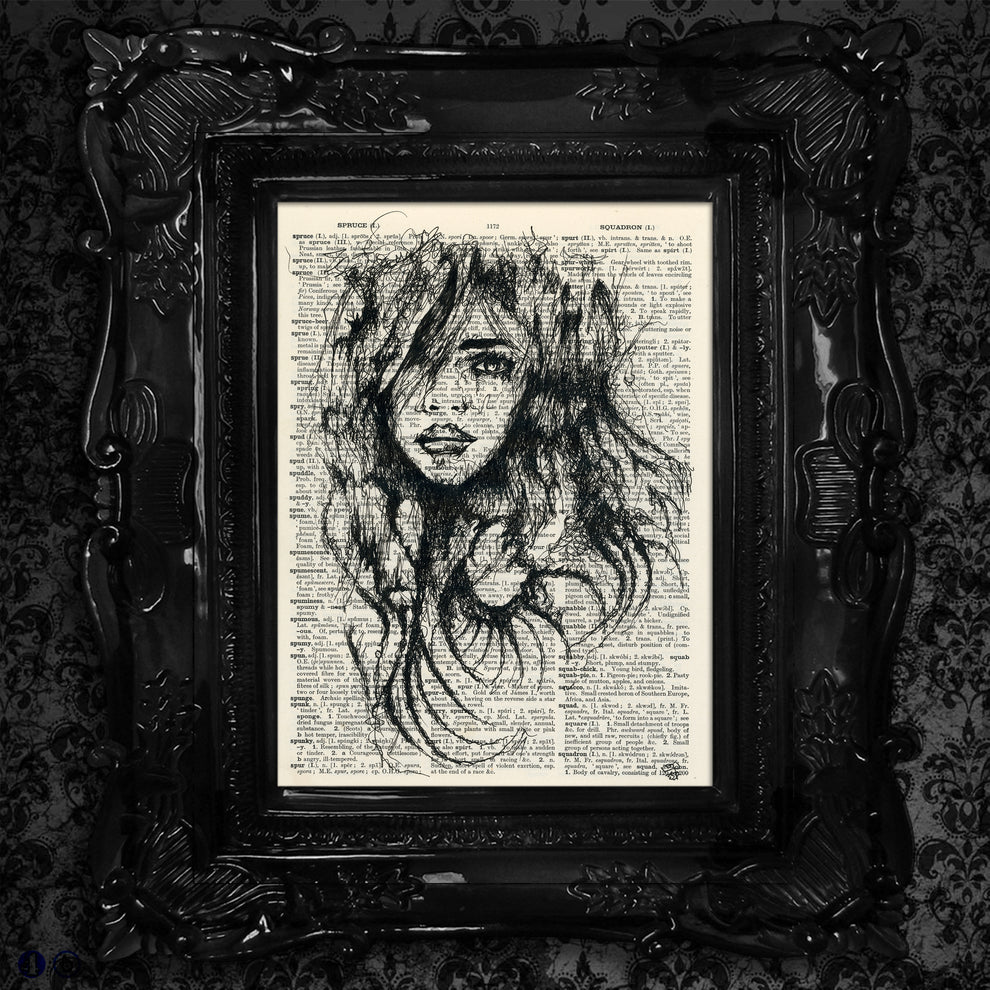 Melancholy - Original Ink Drawing Art on Dictionary Page – ArtCursor