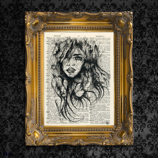 Melancholy - Original Ink Drawing Art on Dictionary Page – ArtCursor