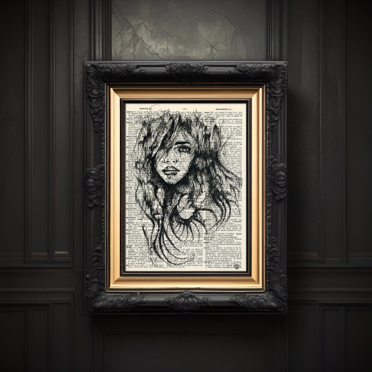 Melancholy - Original Ink Drawing Art on Dictionary Page – ArtCursor