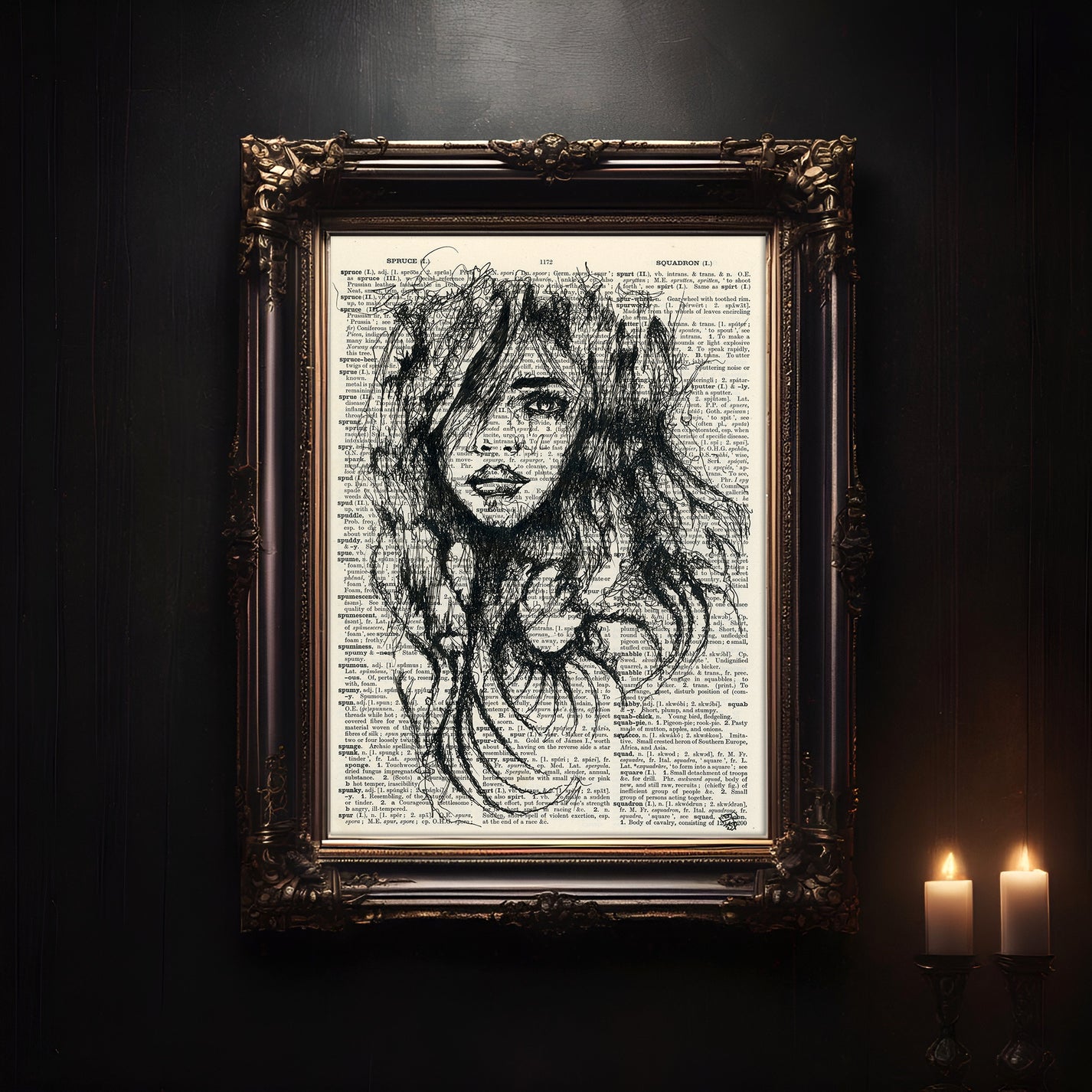 Melancholy - Original Ink Drawing Art on Dictionary Page – ArtCursor