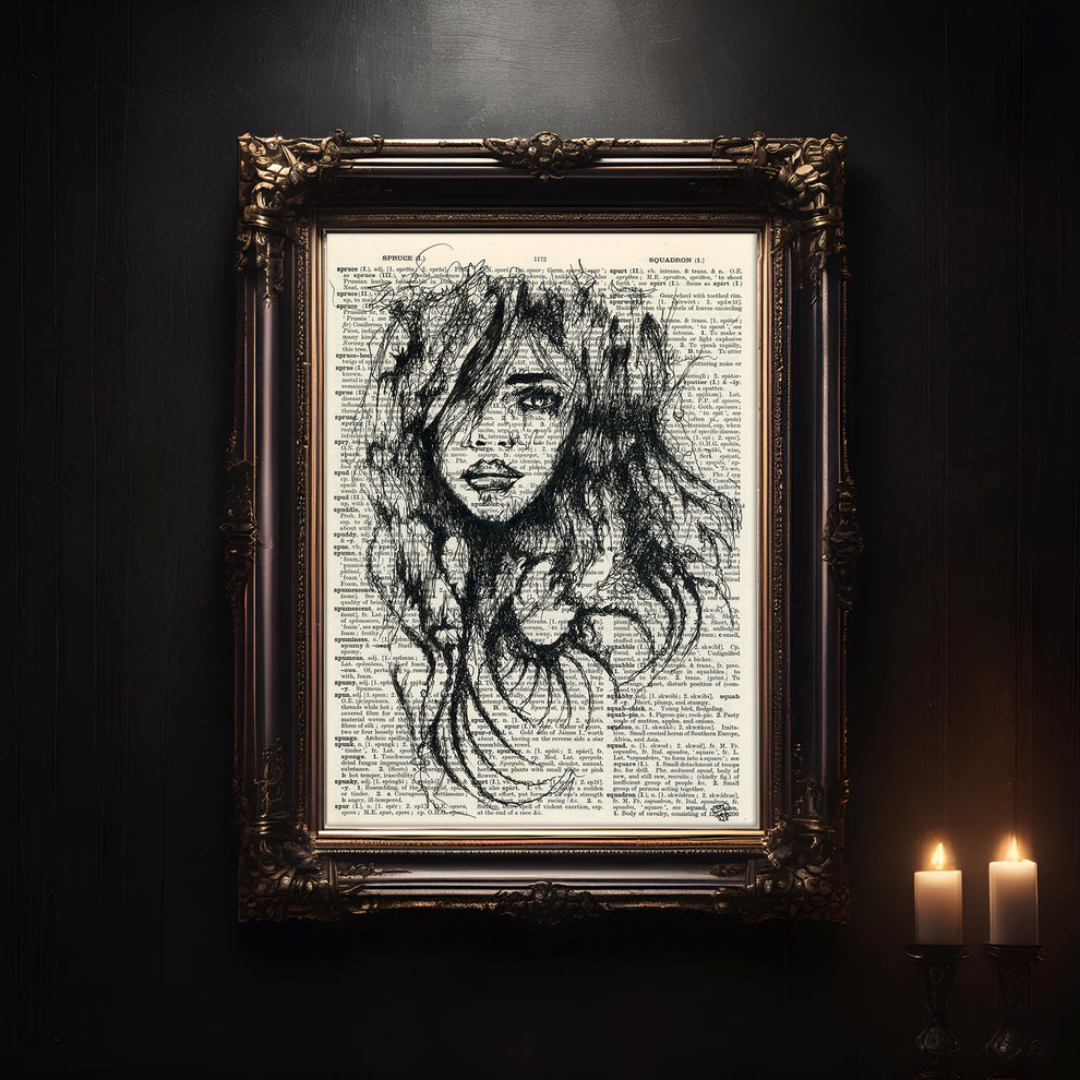 Melancholy - Original Ink Drawing Art on Dictionary Page – ArtCursor