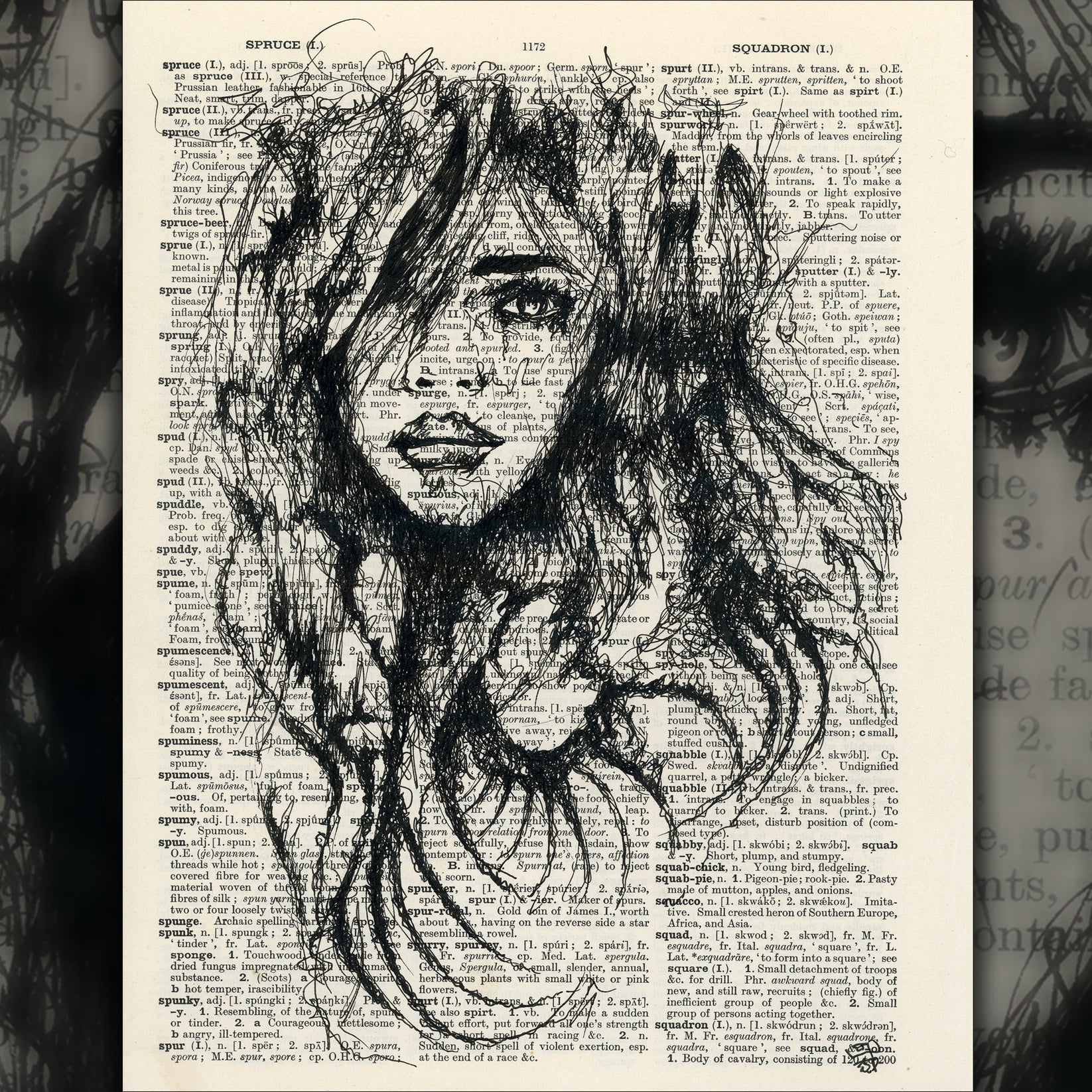 Melancholy - Original Ink Drawing Art on Dictionary Page – ArtCursor