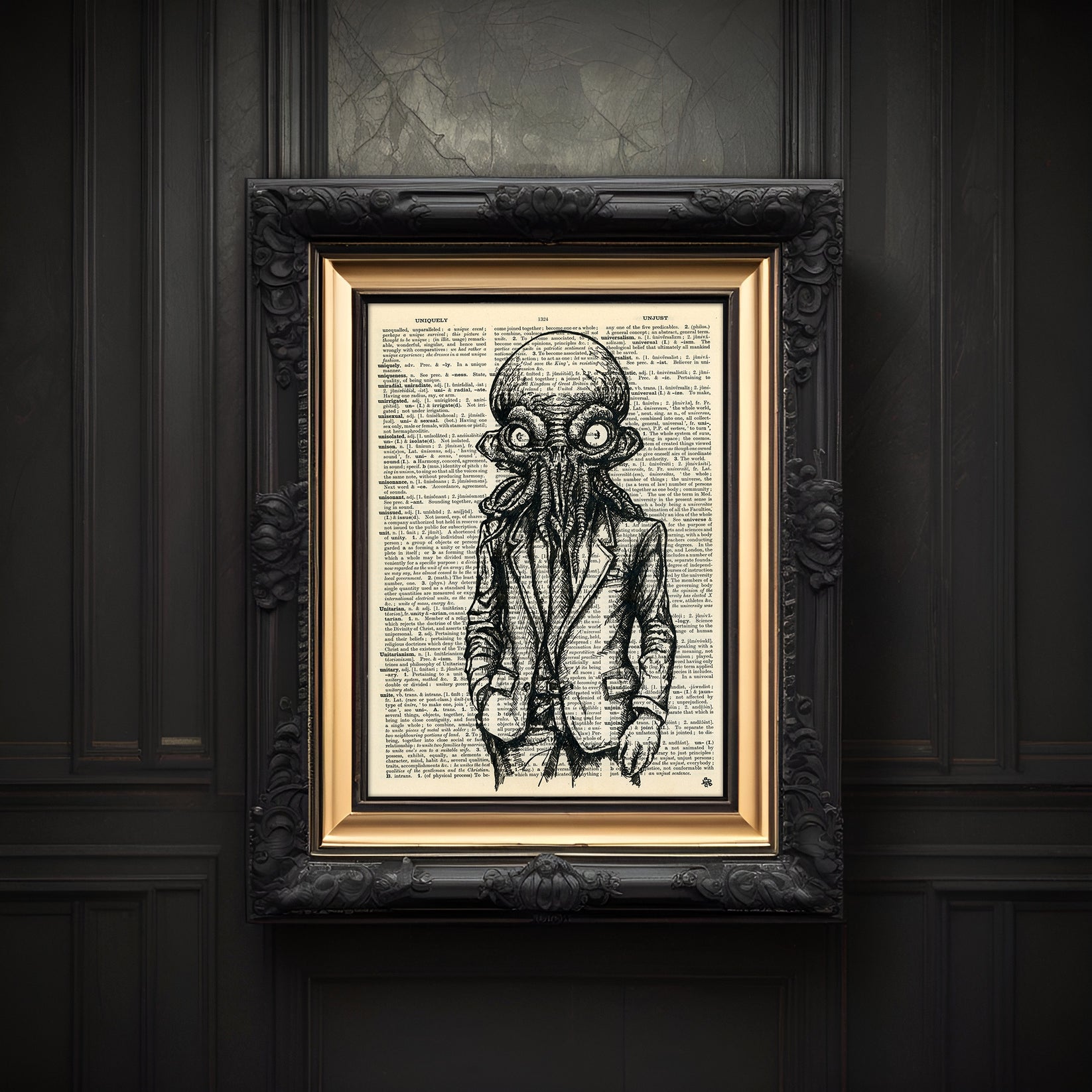 Cthulhu in a Suit - Original Ink Drawing Art on Dictionary Page – ArtCursor