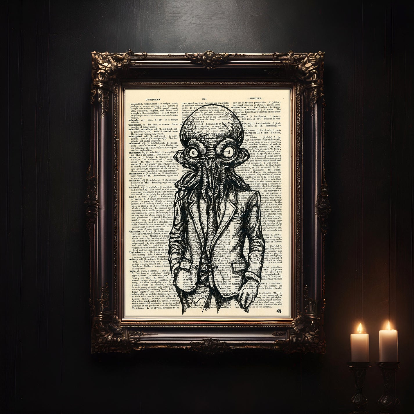 Cthulhu in a Suit - Original Ink Drawing Art on Dictionary Page – ArtCursor